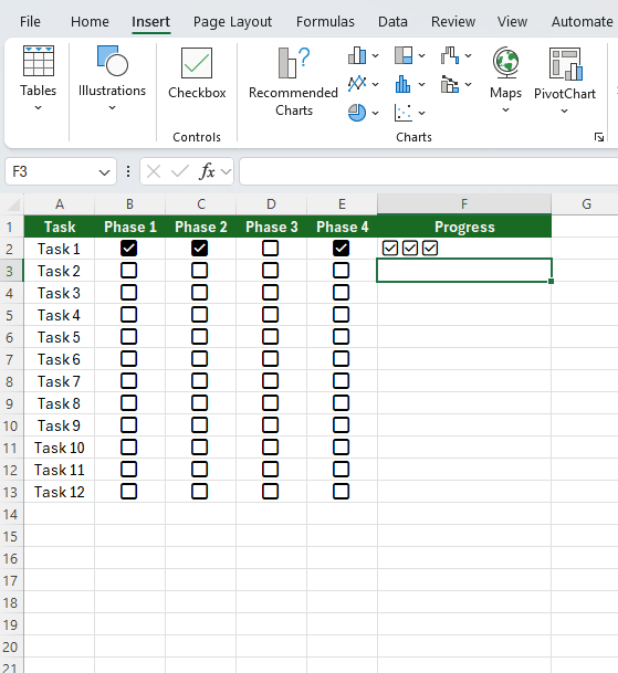 Create Real-Time Progress Bars with REPT & COUNTIF